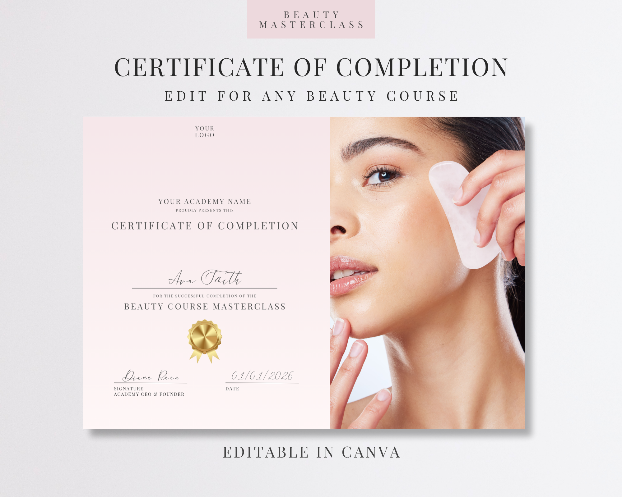 Editable Beauty Course Certificate Canva Template | Beauty Masterclass