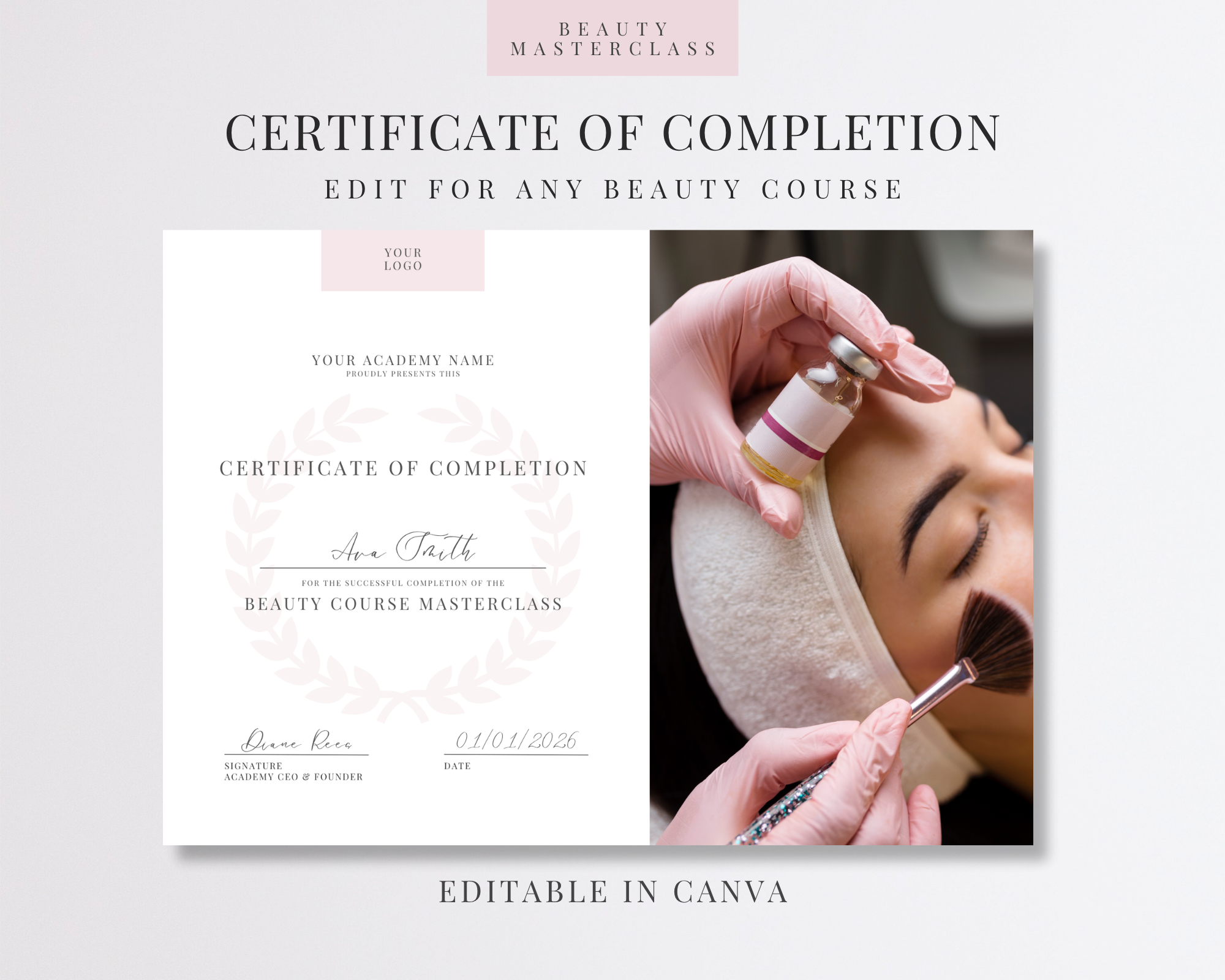 Editable Beauty Course Certificate Canva Template | Beauty Masterclass