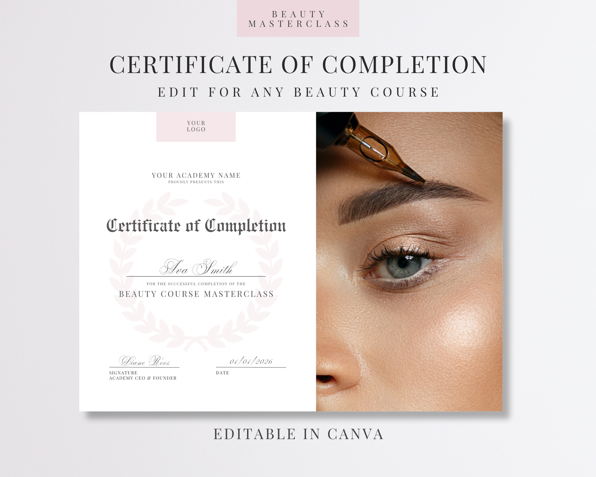 Editable Beauty Course Certificate Canva Template | Beauty Masterclass